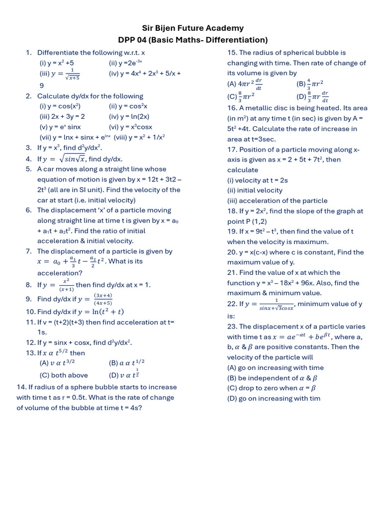 DPP 4 - Basic Maths (Differentiation) | PDF | Applied And ...