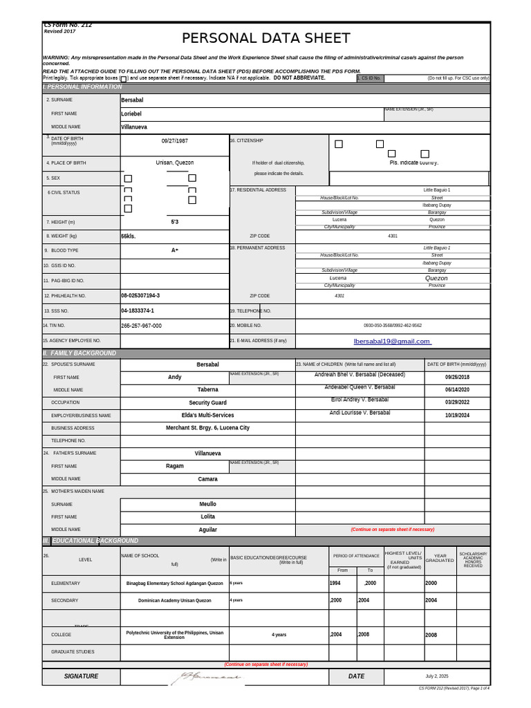 Personal Data Sheet | PDF | Justice | Crime & Violence