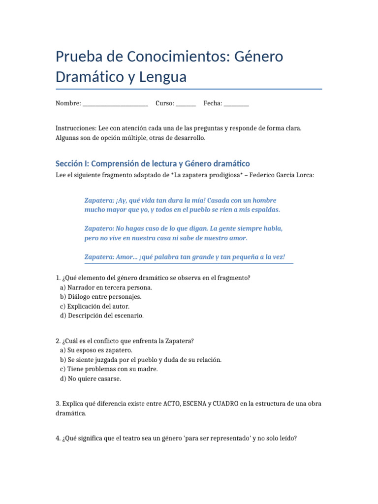 Prueba Genero Dramatico Lengua | PDF