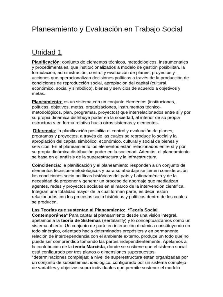 Resumen de Planeamiento y Evaluacion en Trabajo Social | PDF | Planificación | Teoría