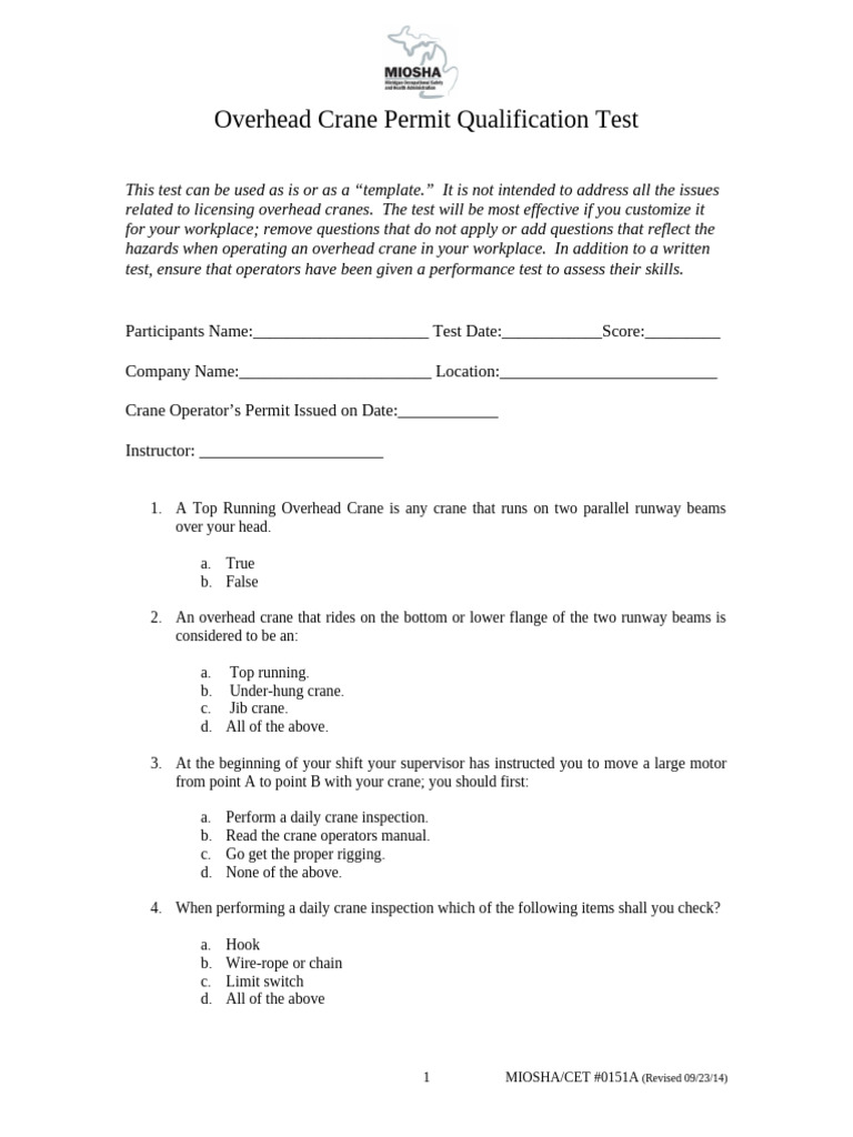 Overhead Crane Permit Test Template | PDF | Crane (Machine)