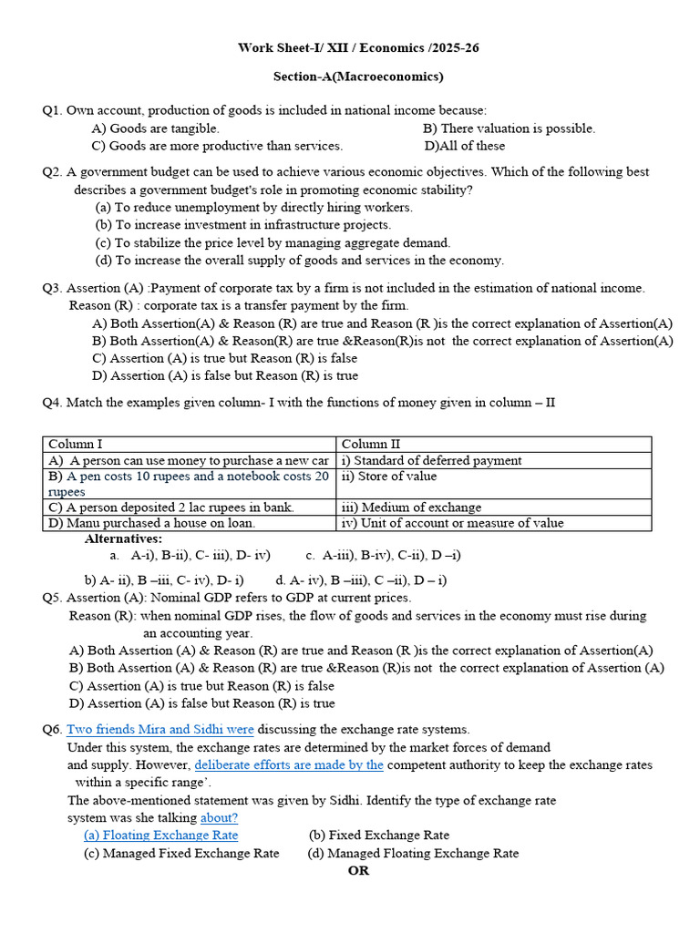 Work Sheet-1 Class 12 ECO | PDF | Exchange Rate | Gross Domestic Product