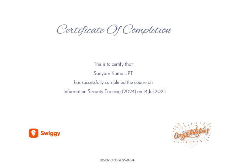 Sanyam Certificate Swiggy | PDF