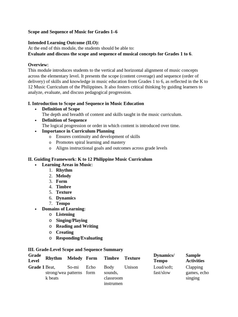 Scope and Sequence of Music For Grades 1-6 | PDF | Curriculum | Lesson Plan