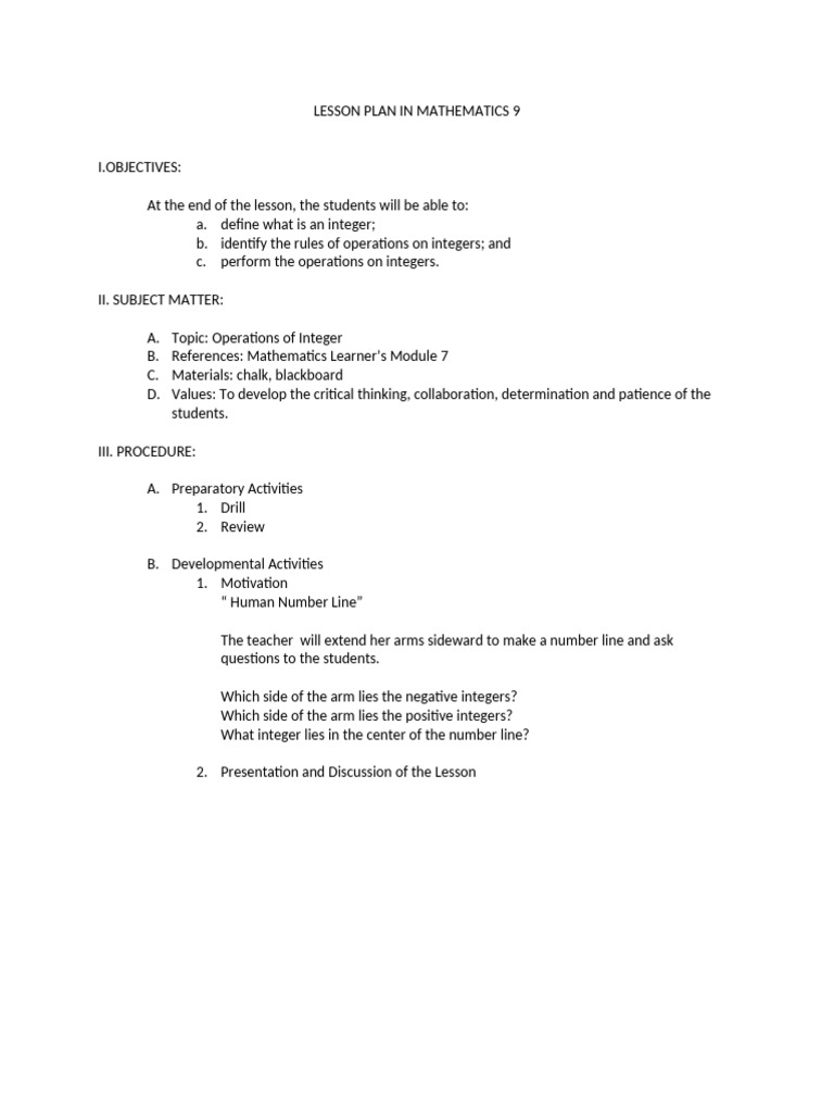 Integer Operations Lesson Plan for Grade 9 | PDF