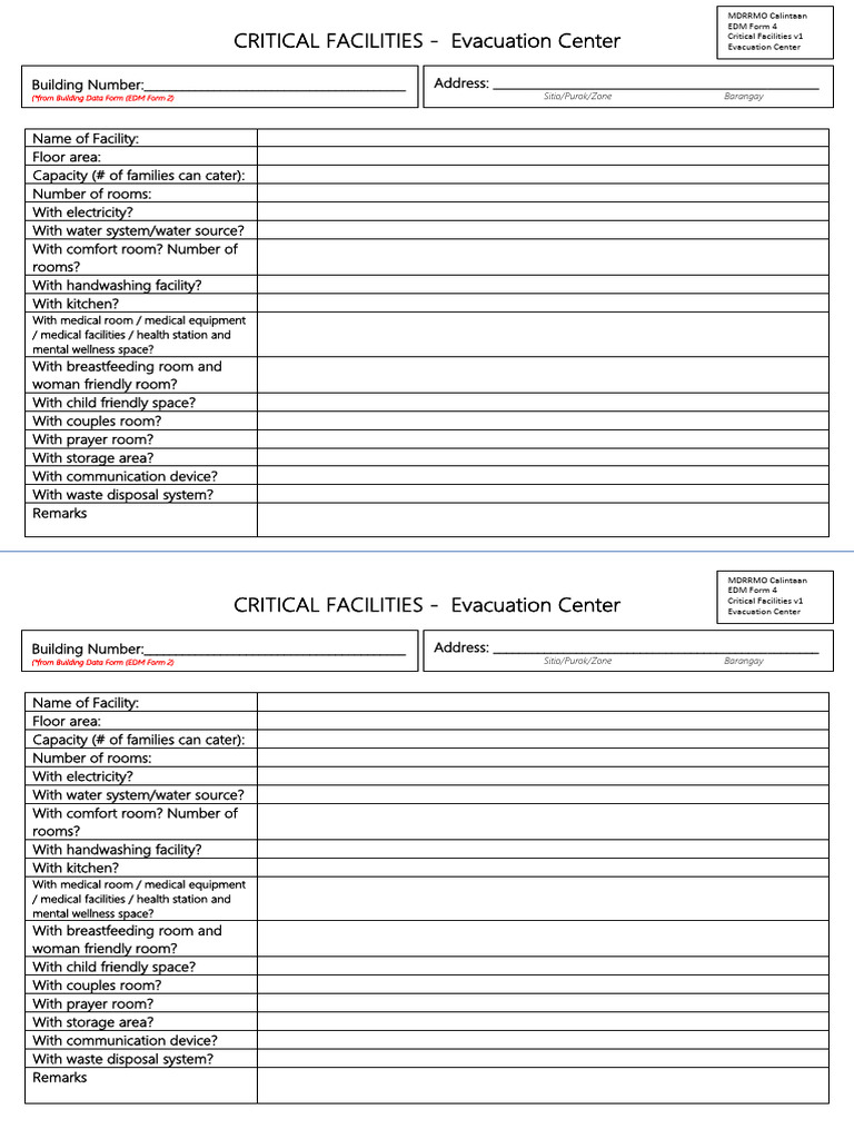 EDM Form 4 - Critical Facilities_Evacuation Center | PDF