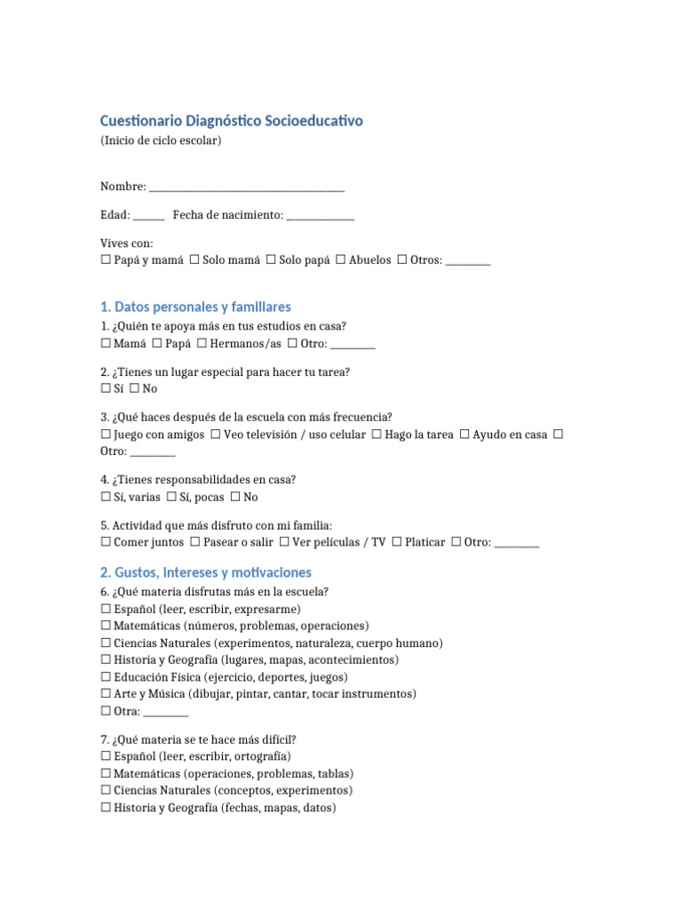 Cuestionario Diagnostico Socioeducativo Multichoice | PDF | Escuelas