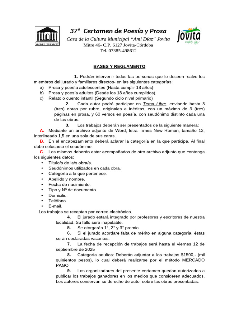 37° Certamen de Poesía y Prosa Corregido - 1 | PDF