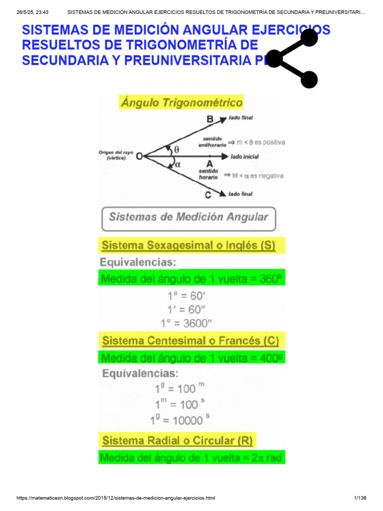 Sistemas de Medición Angular Ejercicios Resueltos de Trigonometría de ...