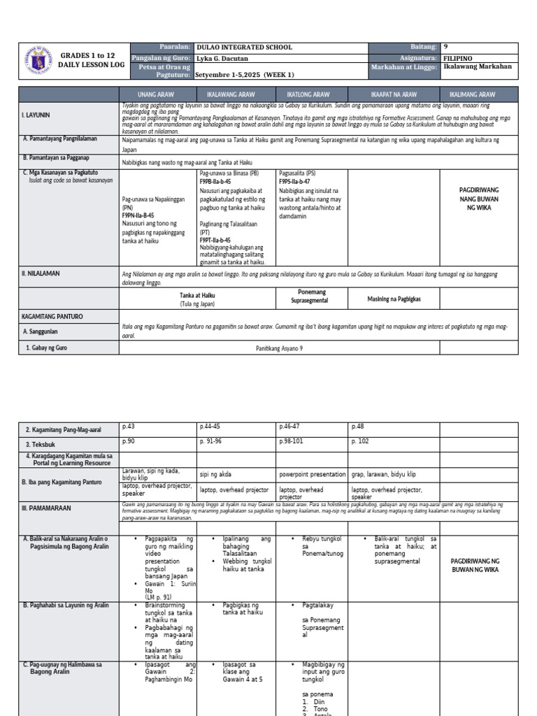 DLL - Filipino 9 - Q2 - W1 | PDF