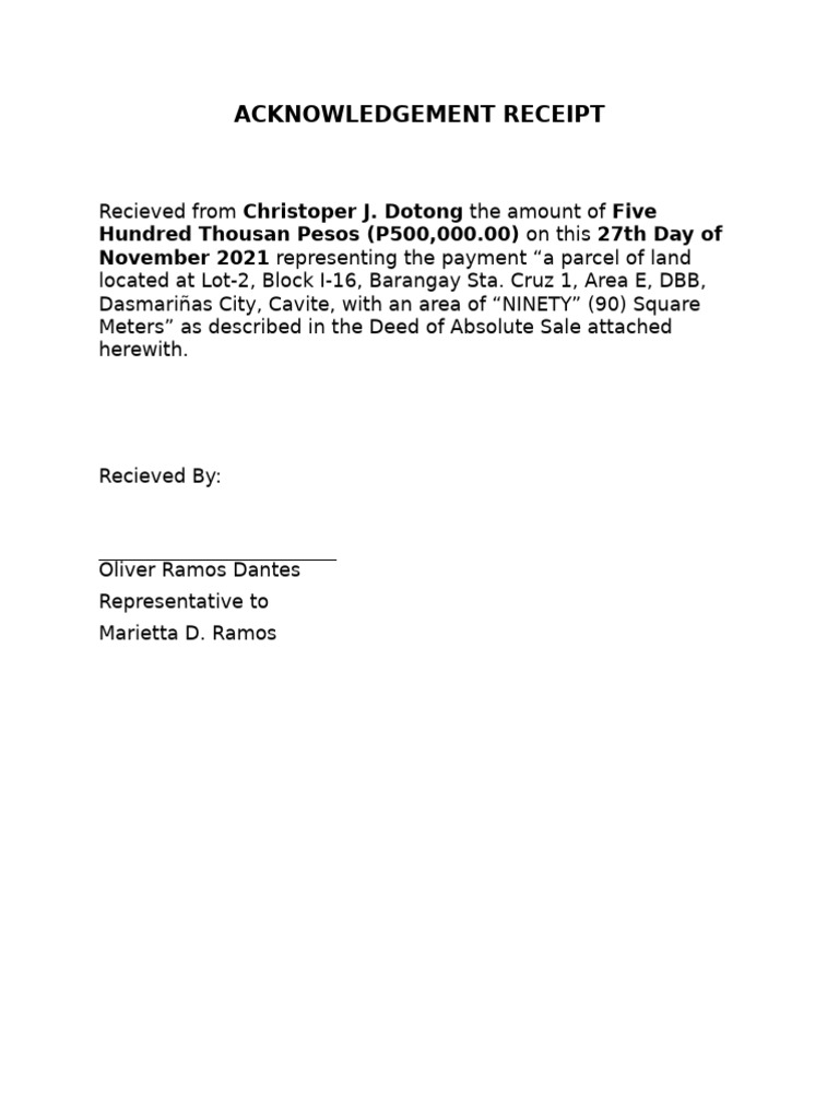 Acknowledgement Receipt for Land Payment | PDF
