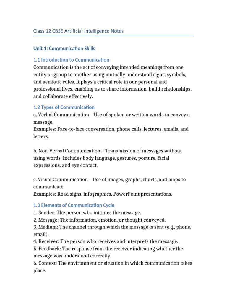 Class 12 AI Communication & Self-Management Notes | PDF | Communication ...