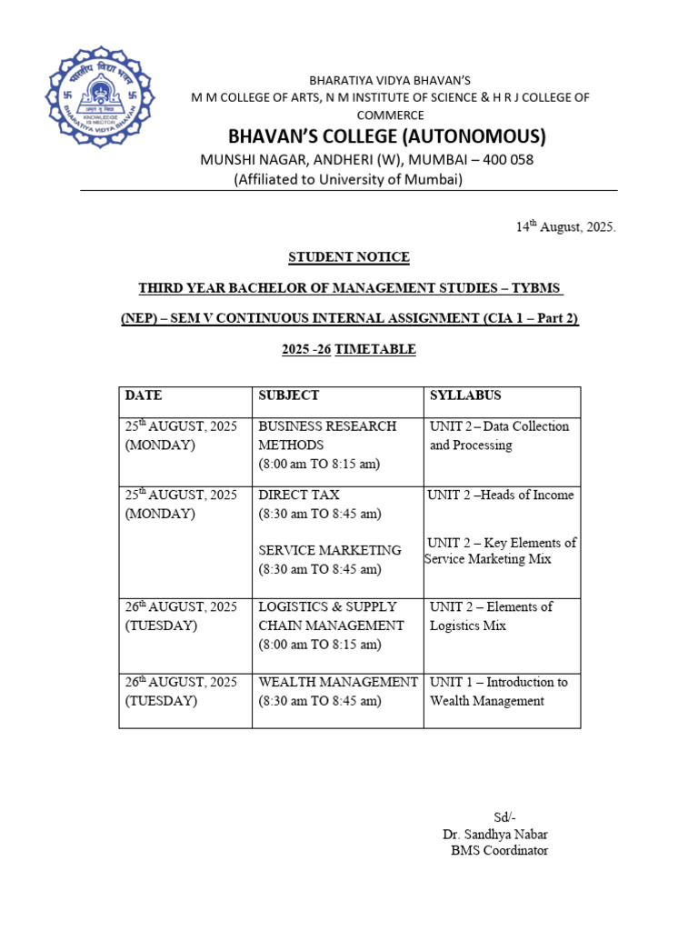 Ty - Bms CIA 1 (Part 2) Timetable 2025-26-1 | PDF