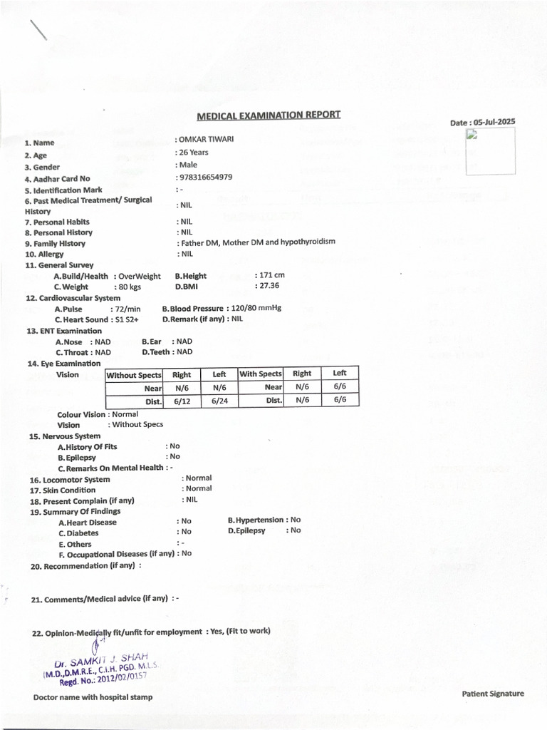 Medical Examination Report | PDF