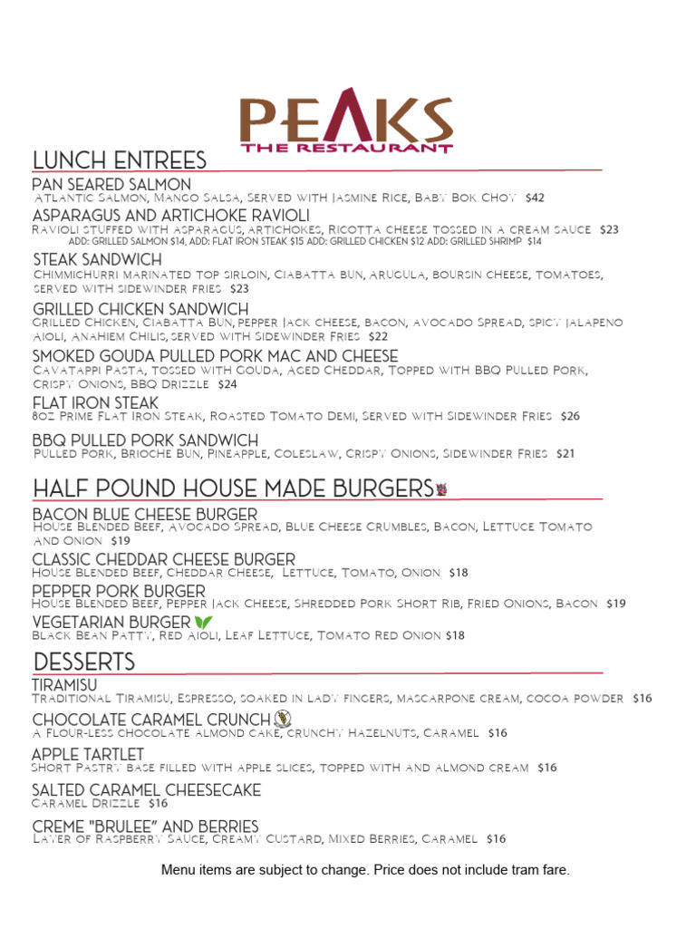 Peaks Restaurant Lunch Menu | PDF
