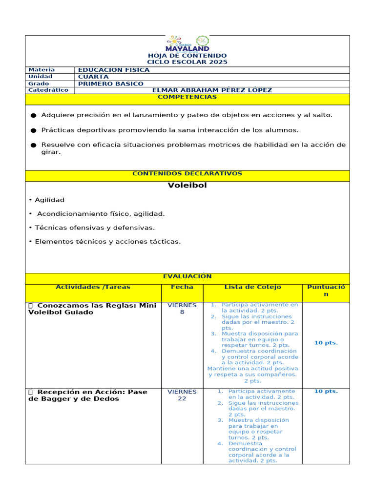 Hoja de Contenido Cuarta Unidad Primero Basico | PDF