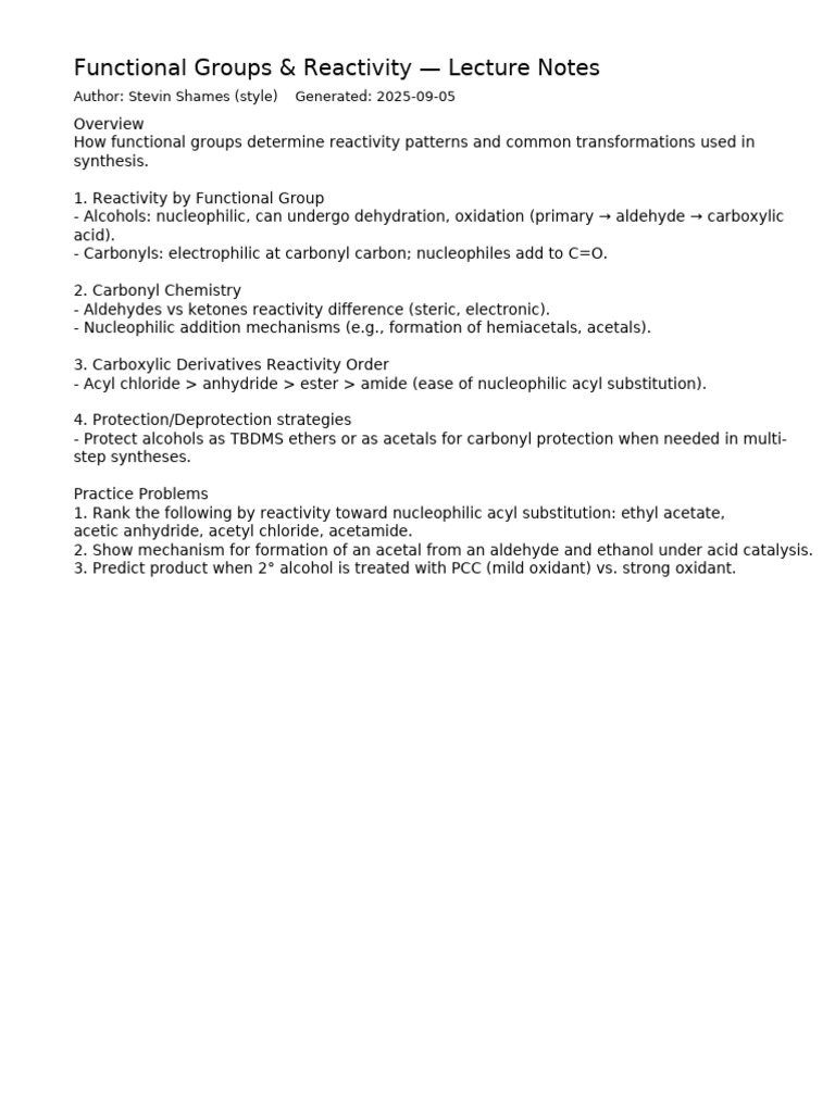 Functional Groups and Reactivity Patterns | PDF