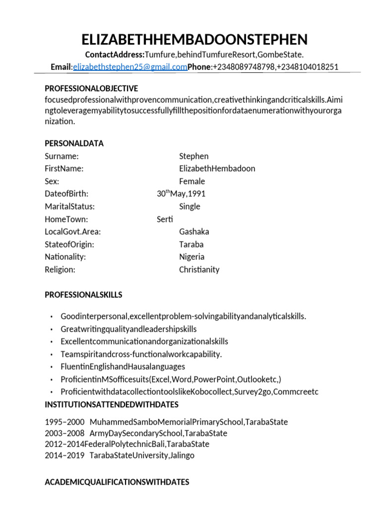 Elizabeth Stephen's Data Enumerator CV | PDF