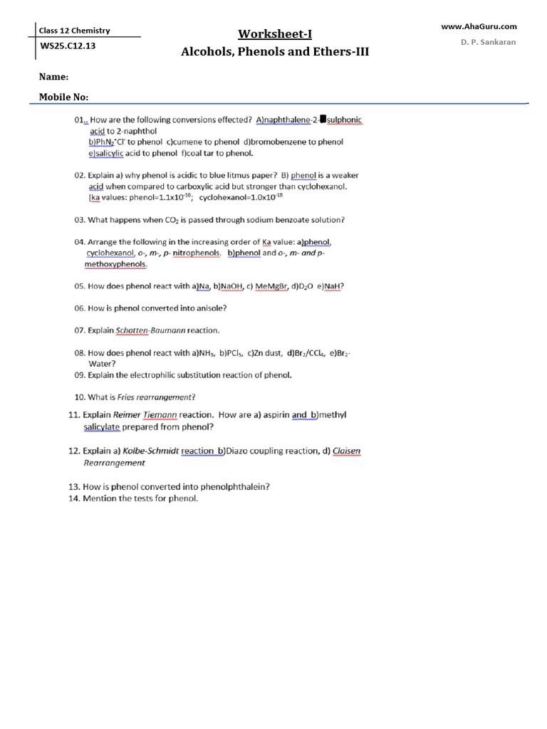 Class 12 Chemistry: Alcohols & Ethers Worksheet | PDF