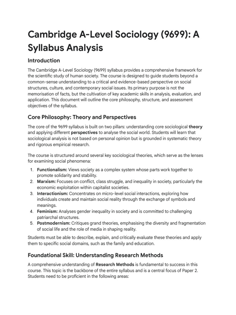 Cambridge A-Level Sociology Syllabus 9699 | PDF | Sociology ...
