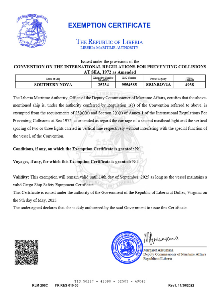Exemption Certificate - IMO - COLREG | PDF