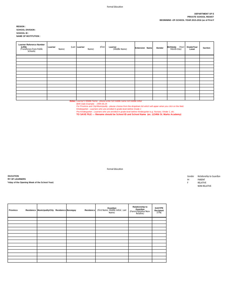 LIS Sample Forms for Learner Registry | PDF | Social Institutions | Family