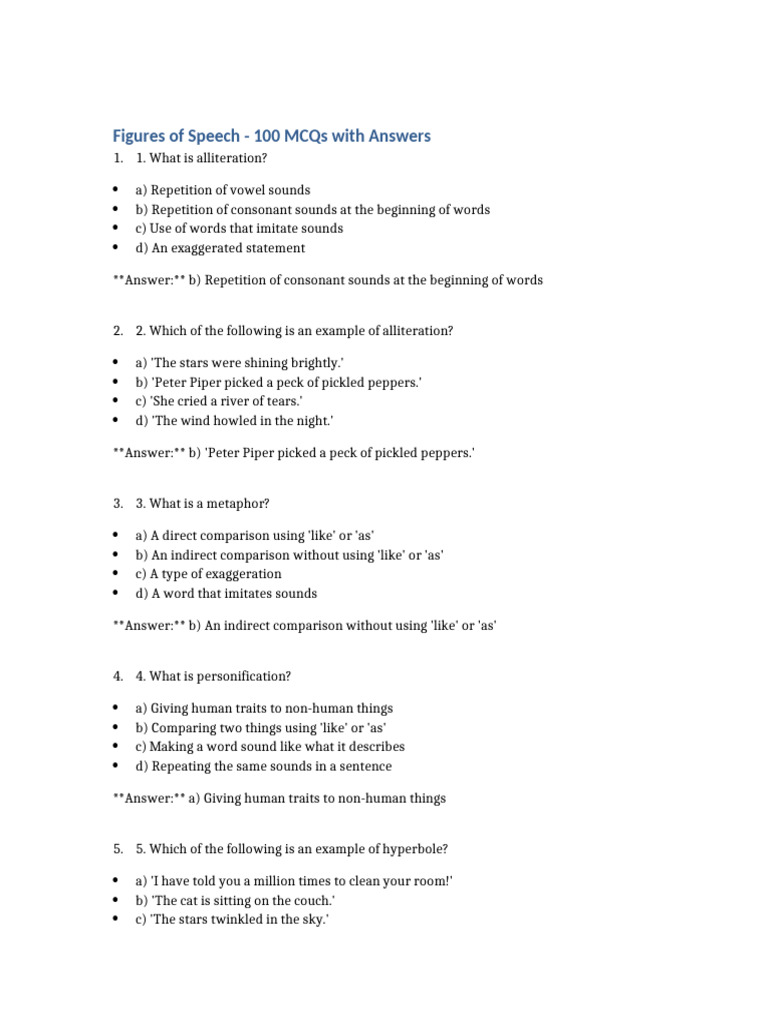 100 Figures of Speech MCQs with Answers | PDF