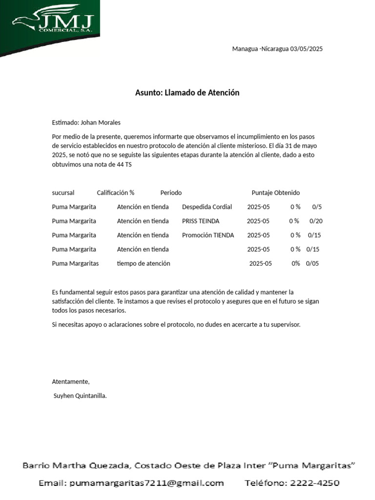 Llamados de Atención en JMJ COMERCIAL | PDF