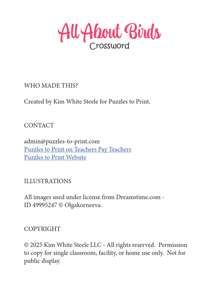 All About Birds Crossword | PDF | Birds | Zoology