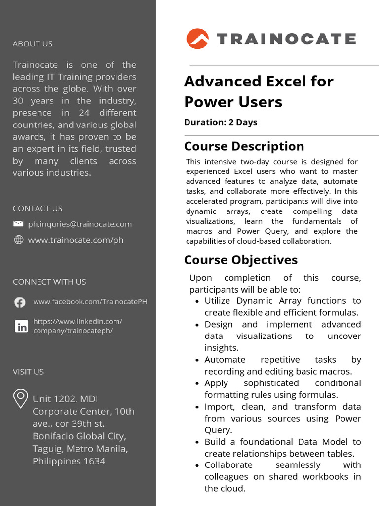 MS Excel Advanced Curriculum - TRAINOCATE - FNL | PDF | Microsoft Excel ...
