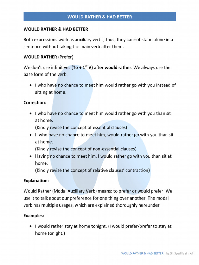 The Use of Would Rather and Had Better | PDF