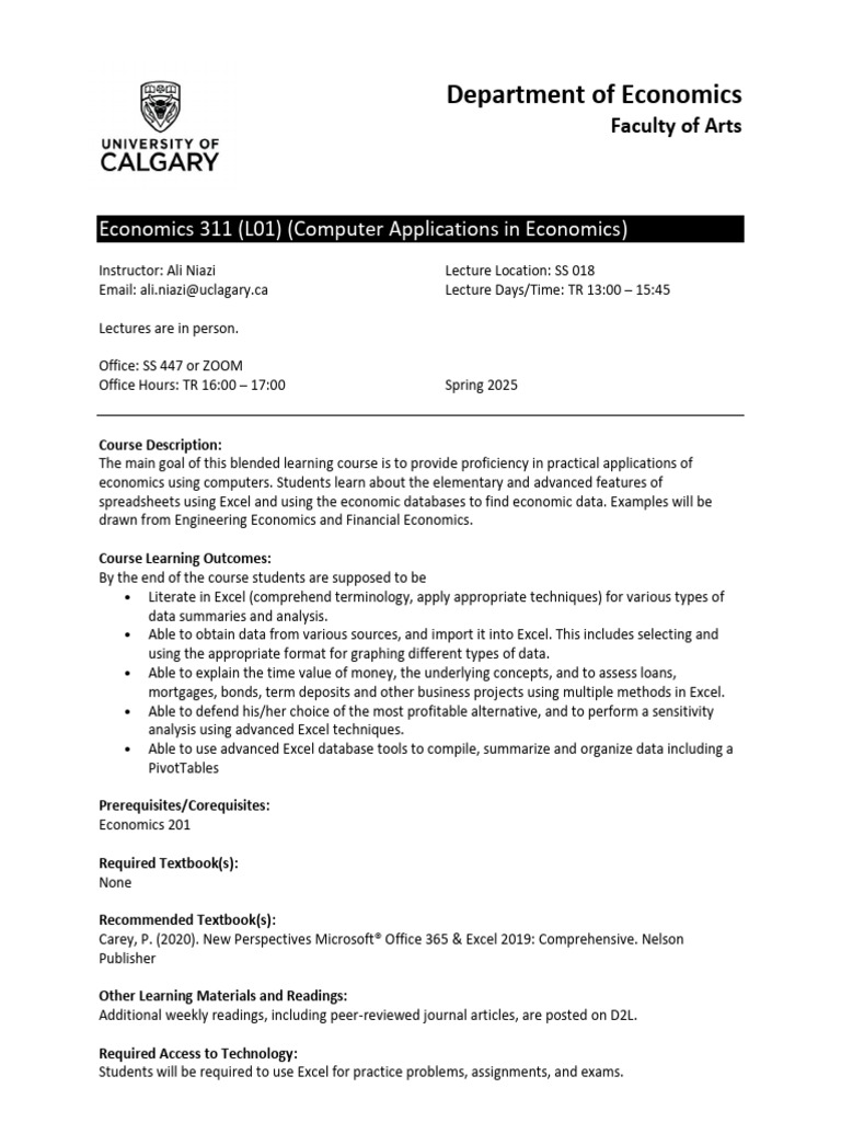 ECON 311 Course Outline | PDF | Academic Dishonesty | Microsoft Excel