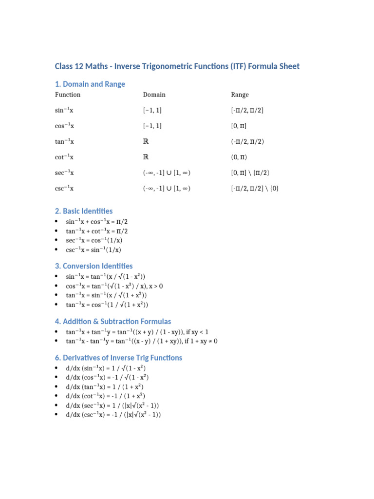 Class 12 Itf Formula Sheet Pdf