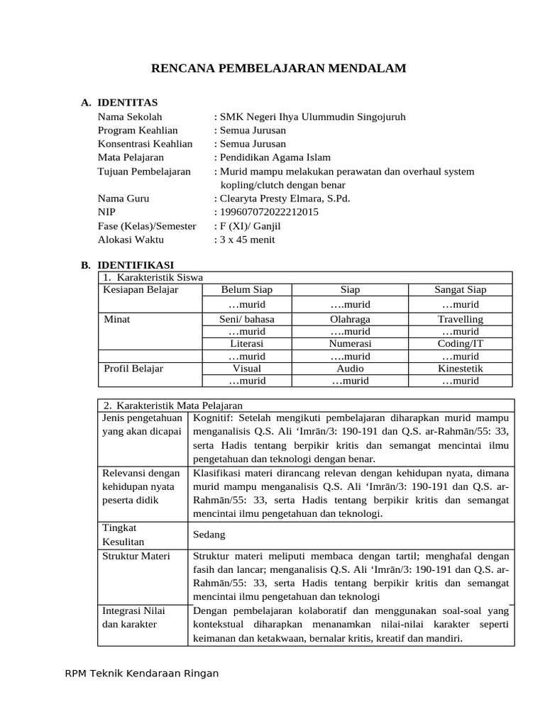 Contoh RPM Pembelajaran SMK | PDF
