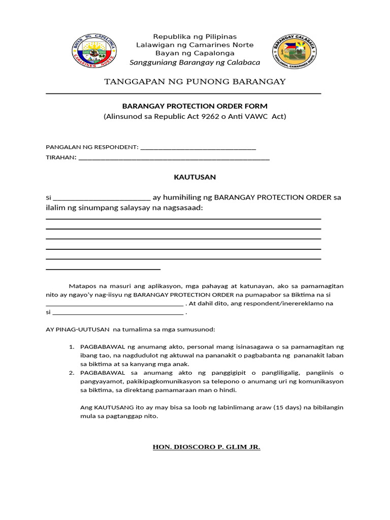 Barangay Protection Order Form | PDF