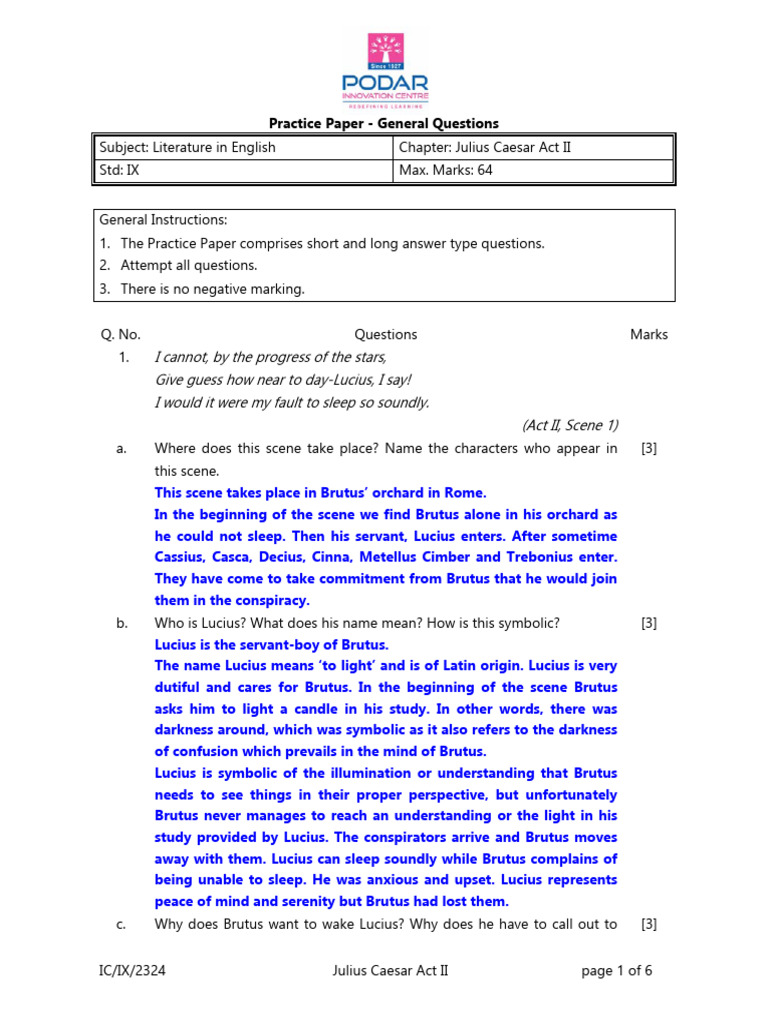 Julius Caesar Act II Practice Questions | PDF | Julius Caesar