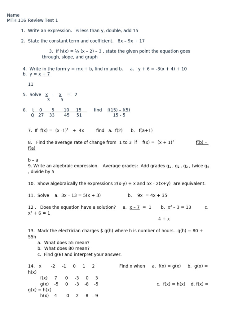 MTH 116 Test 1 Review Questions | PDF
