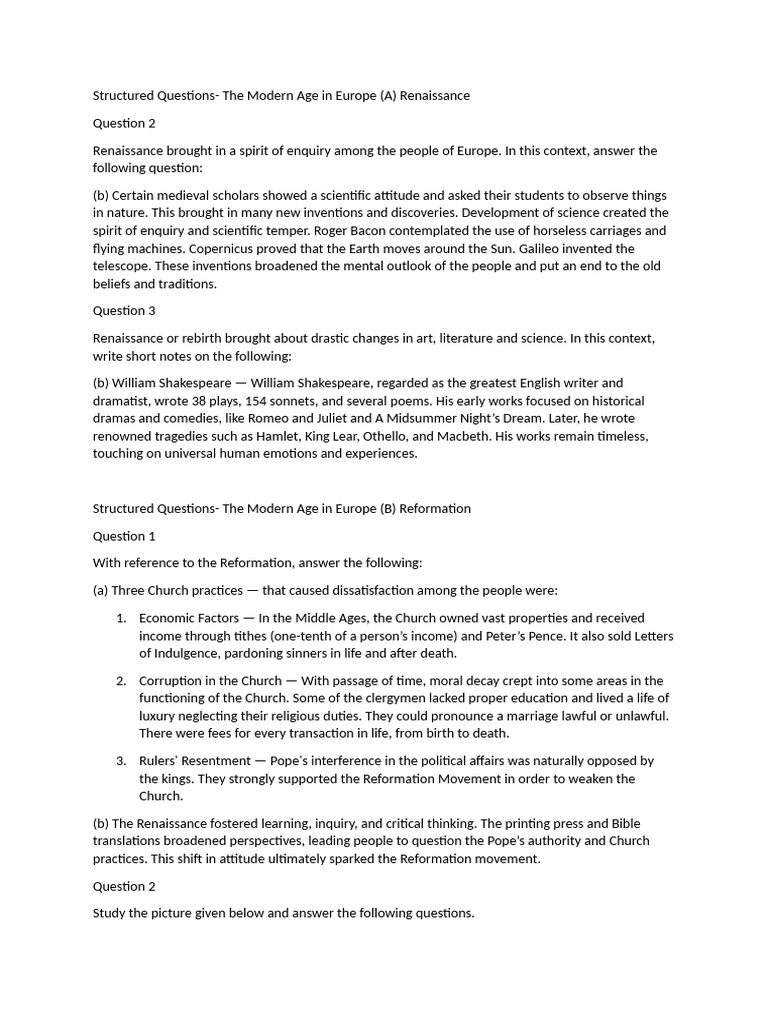 Structured Questions - History Class 9 | PDF | Industrial Revolution ...