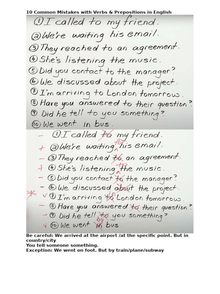 Common Verb & Preposition Errors in English | PDF