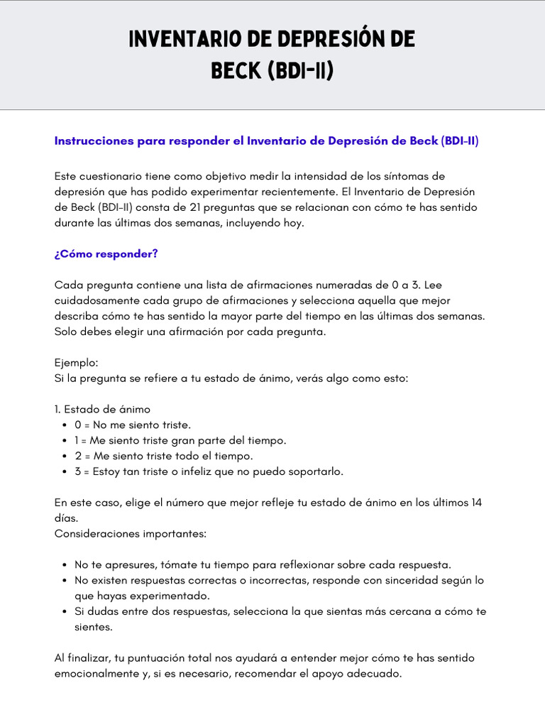 Inventario de Depresión de Beck (BDI-II) | PDF | Trastorno depresivo ...