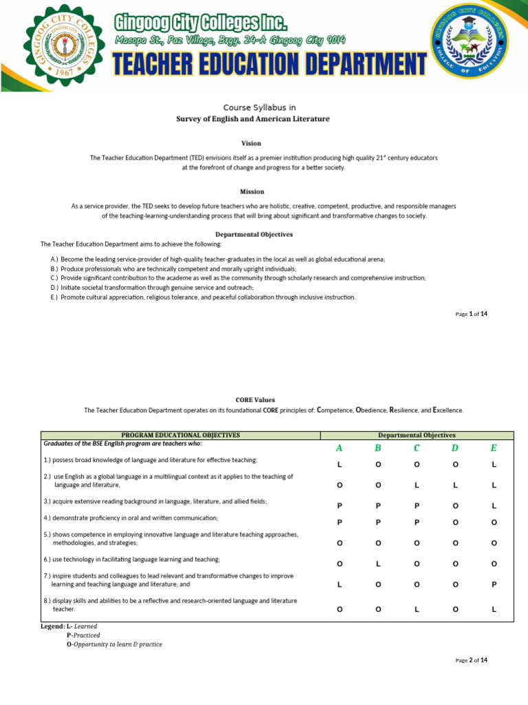 SYLLABUS 2025 Survey of English and American Literature Final | PDF ...