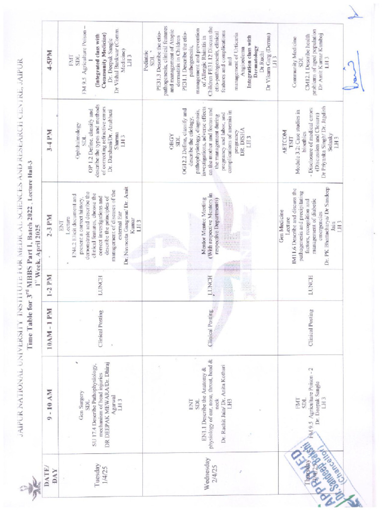 Time Table of 3rd MBBS Part I Batch 2022 For April 2025 | PDF