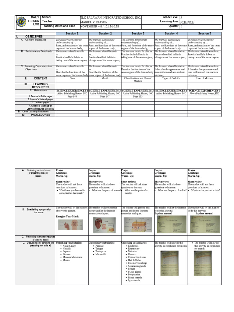 Grade 3 Science Lesson Plan: Sense Organs | PDF | Human Nose | Mucus