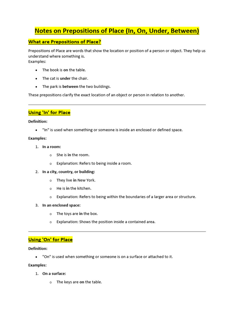 Notes - Prepositions of Place | PDF