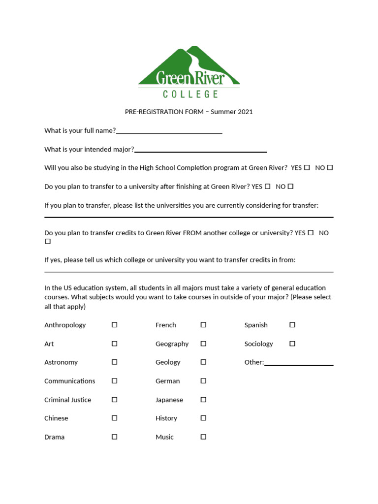 Summer Pre-Registration Form | PDF