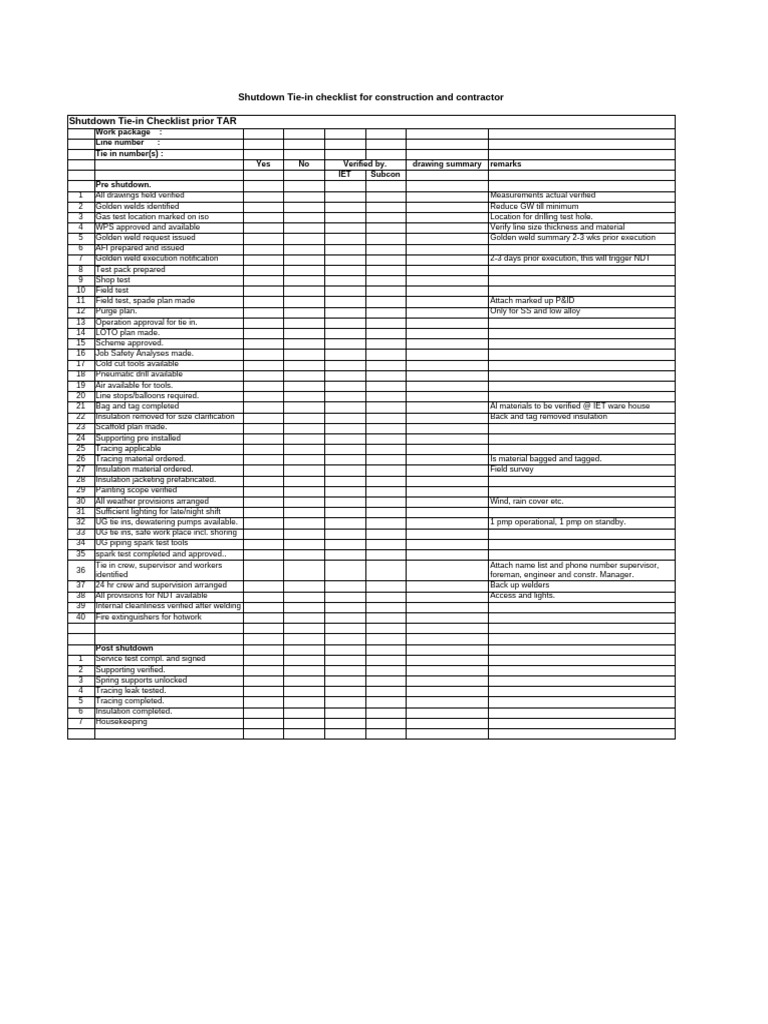04 - Shutdown Tie-In Checklist | PDF | Pipe (Fluid Conveyance ...
