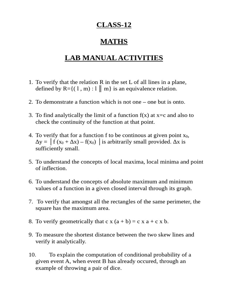 Class 12 Maths Lab Manual Activities | PDF