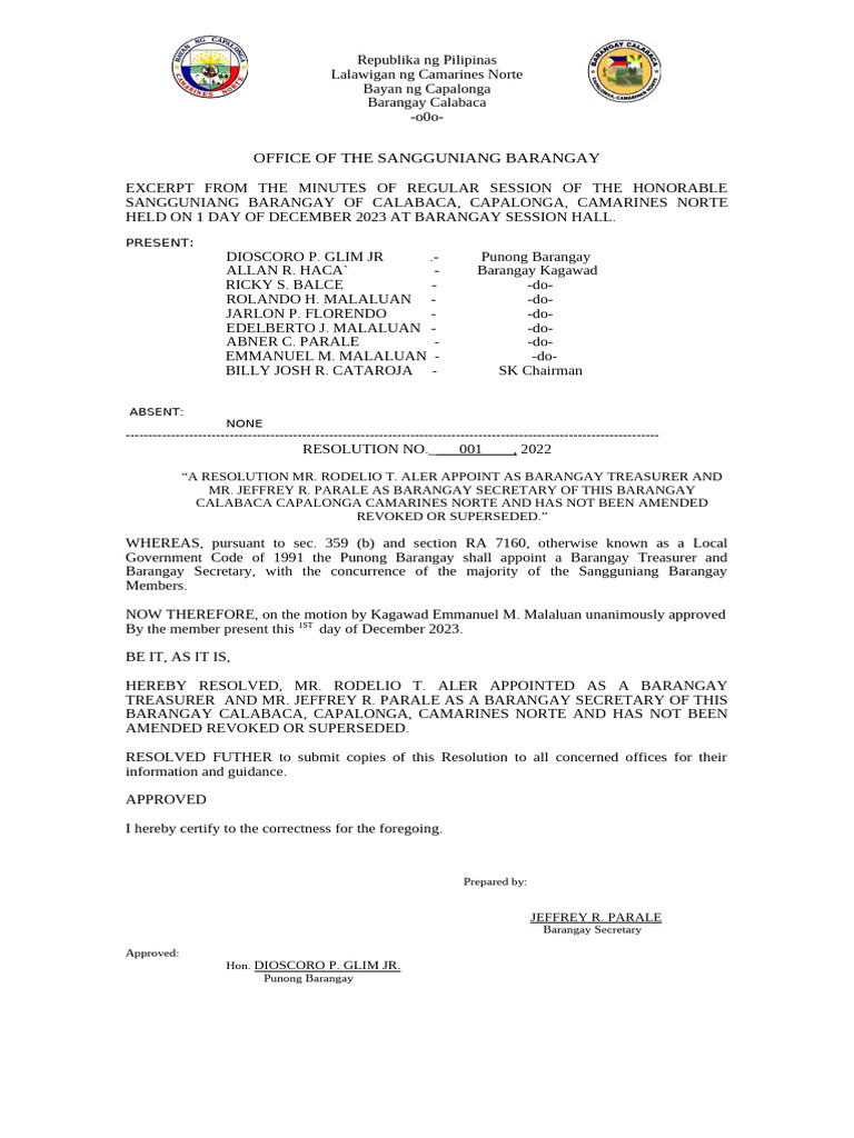 Barangay Calabaca Appointment Resolution | PDF
