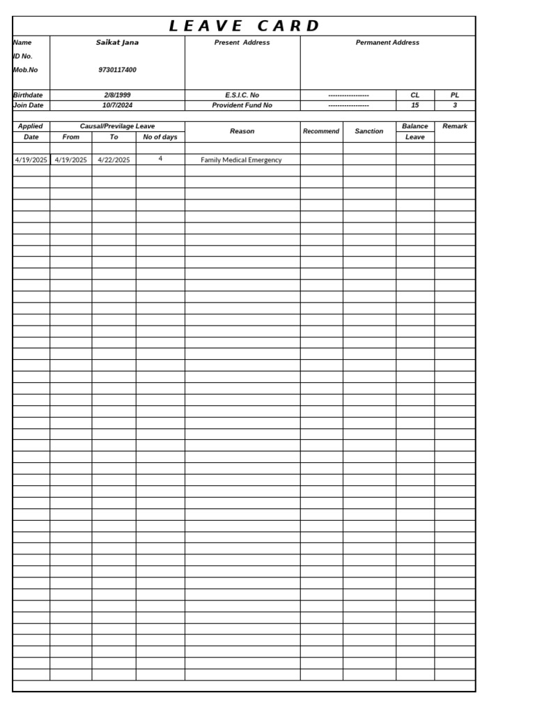 Leave Card for Saikat Jana | PDF