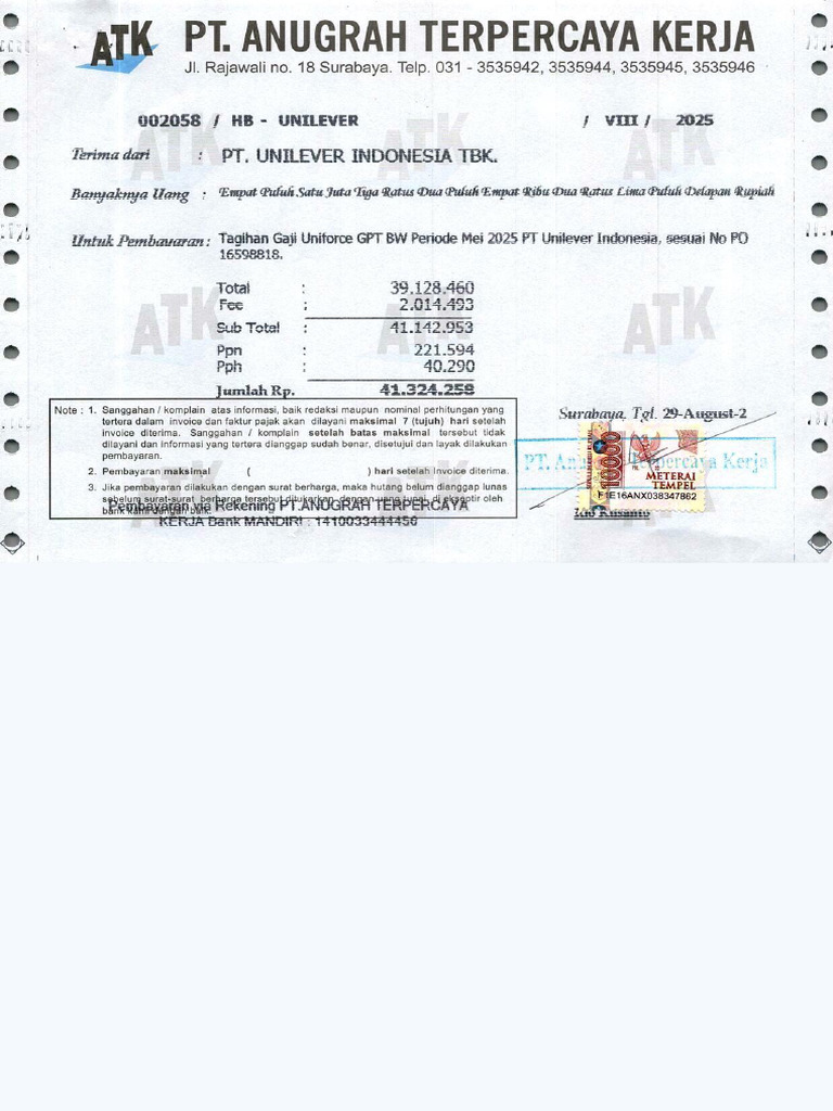 Atk-Inv-2058-Tagihan Gaji GPT BW Periode Mei 2025 TTD | PDF